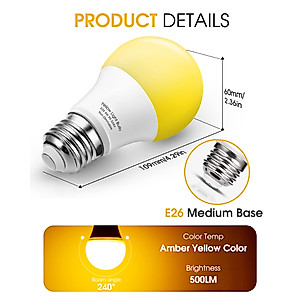 Bug Light Bulbs Outdoor, 40W Equivalent Amber Yellow LED Bug Lights for Outside, 6W 500LM 2000K for Porch Lights, Non-Attracting, Not-Dimmable A19 Bulb for Patio, Deck, Backyard, Hallway, 2 Pack