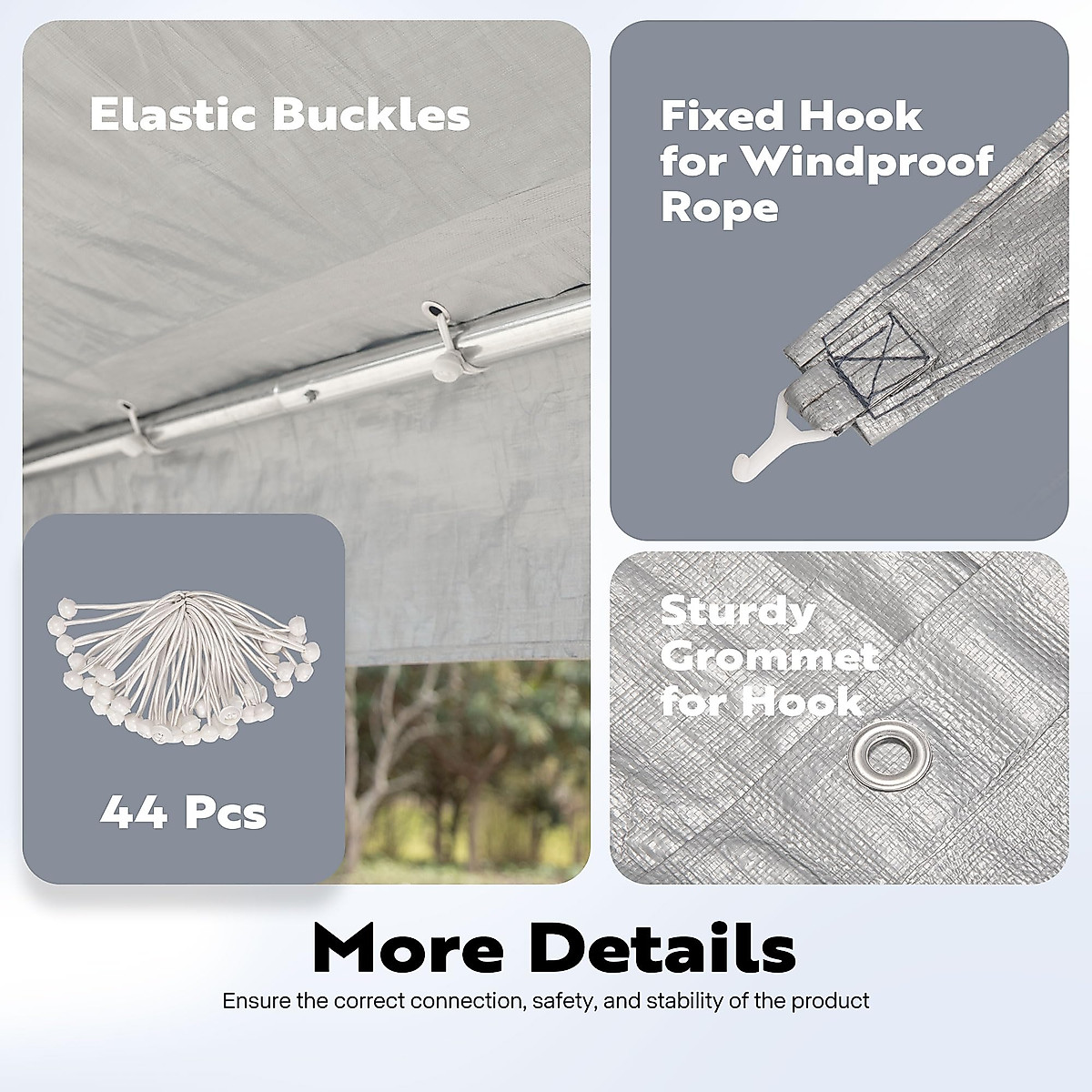 VIVOHOME 12x20ft Carport Replacement Canopy Cover, 180G Waterproof & UV Protected Tarp with 44 Elastic Buckles Suit for Garage Shelter, Frame is Not Included