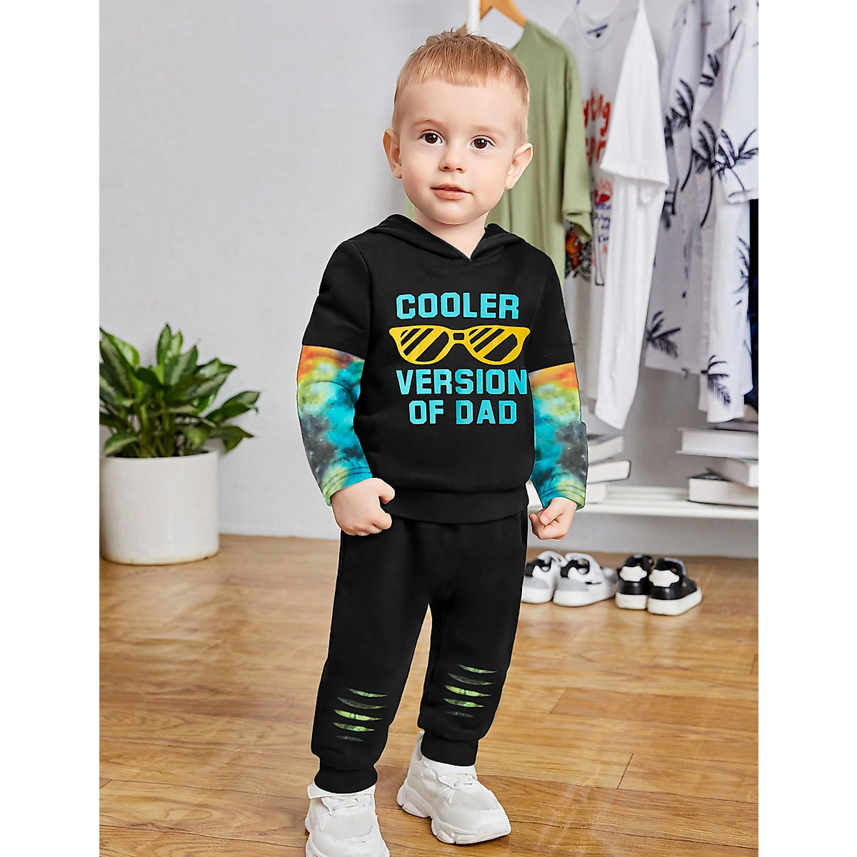AGAPENG Toddler Boy Sweatsuit Hoodie Long Sleeve Letter Print Sweatshirt Ripped Pants Fall Winter Outfits Clothes Set Baby Boy Clothes 18-24 months Baby Boy Winter Clothes 24 Month Boy Clothes