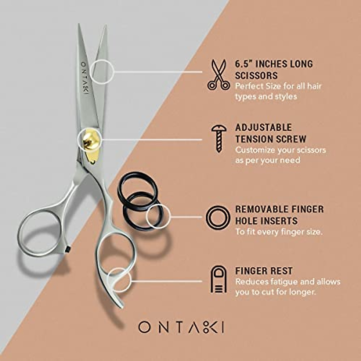 Ontaki Hair Cutting Scissors 6.5" - Japanese Steel Shears for Beard & Mustache - Hand-Forged Tool for Barbers, Men & Women - Sharp Hair Shears