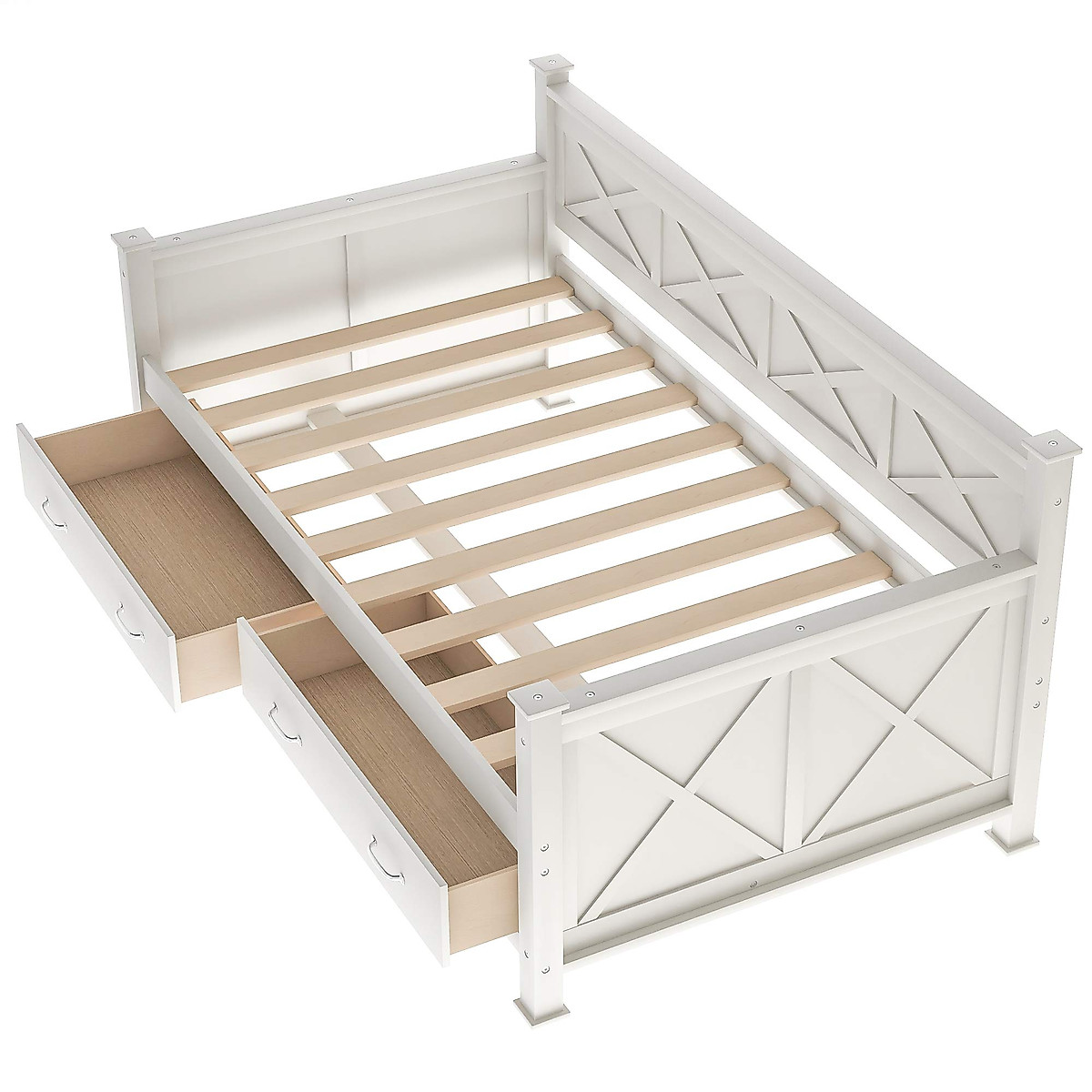 Harper & Bright Designs Twin Size Daybed with 2 Storage Drawers, Wood Twin Sofa Bed X-Shaped Frame, Modern Daybed Frame with Slat Support, Twin Size Bed for Bedroom Living Room (Twin, Cream White)