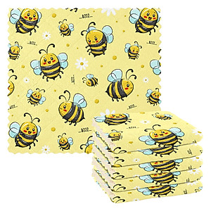 JIPONI 6 Pack Kitchen Dishcloth, Cute Honey Bee Cartoon Absorbent Dish Towels Reusable Soft Cleaning Cloths 11 x 11 inch