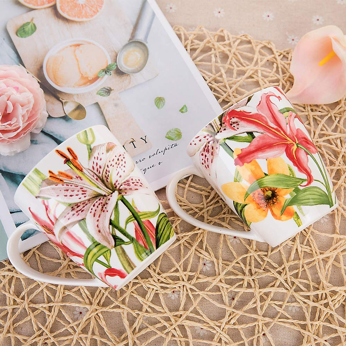 PULCHRITUDIE 12 Oz Coffee Tea Mugs Set, Fine Porcelain Floral Design, Set of Four