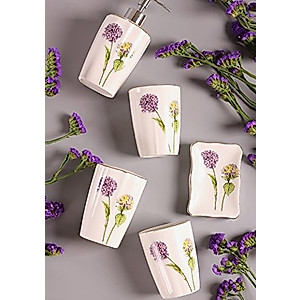JruF Dandelion Love Ceramic 5 Piece Set Of Bathroom Accessories, Including Decorative Countertop Soap Box, Toothbrush Holder, Tumbler, Lotion Dispenser, Gift Box (Purple)
