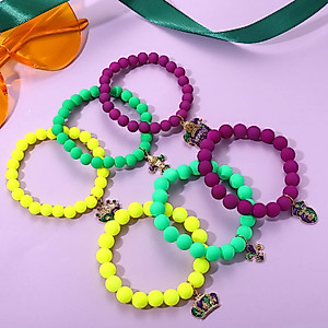 NLCAC Mardi Gras Bracelets for Women Glitter Mask Crown Fleur De Lis Charm Bracelets Purple Green Gold Beaded Stretch Bracelets Carnival Holiday Accessory Party Gifts
