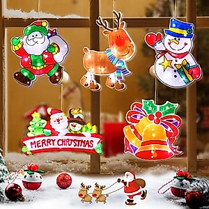 Minetom 5pcs Christmas Window Lights Decorations, Battery Operated with Suction Cup Hook Light Up Santa Claus-Reindeer-Xmas-Snowman Shaped for Christmas Window Decorations Glass Wall Indoor Decor