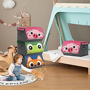 VERONLY 3 Pack Stackable Storage Bins for Boys and Girls, Kids Storage Drawers Boxes with Lids, Foldable Closet Organizers with Velcro for Bedroom, Playroom, Kindergarten, Nursery(Pink, Green, Blue)