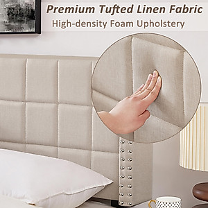 VECELO Linen Upholstered Headboard for King Size Bed, Tufted Nailhead & Double Wingback for Bedroom, 6 Adjustable Position from 40" to 49.8",Beige