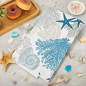 AnyDesign Ocean Theme Kitchen Dish Towel Beach Seashell Coral Starfish Hand Dying Towel Sea Creature Tea Towel for Cooking Baking Kitchen Accessories, Set of 2, 18 x 28 Inch