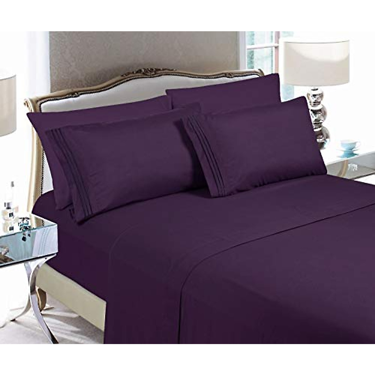 Elegant Comfort Luxury 4-Piece Bed Sheet Set - Luxury Bedding 1500 Premium Hotel Quality Microfiber, Wrinkle Resistant Cool & Breathable, Easy Elastic Fitted, Queen, Plum-Purple