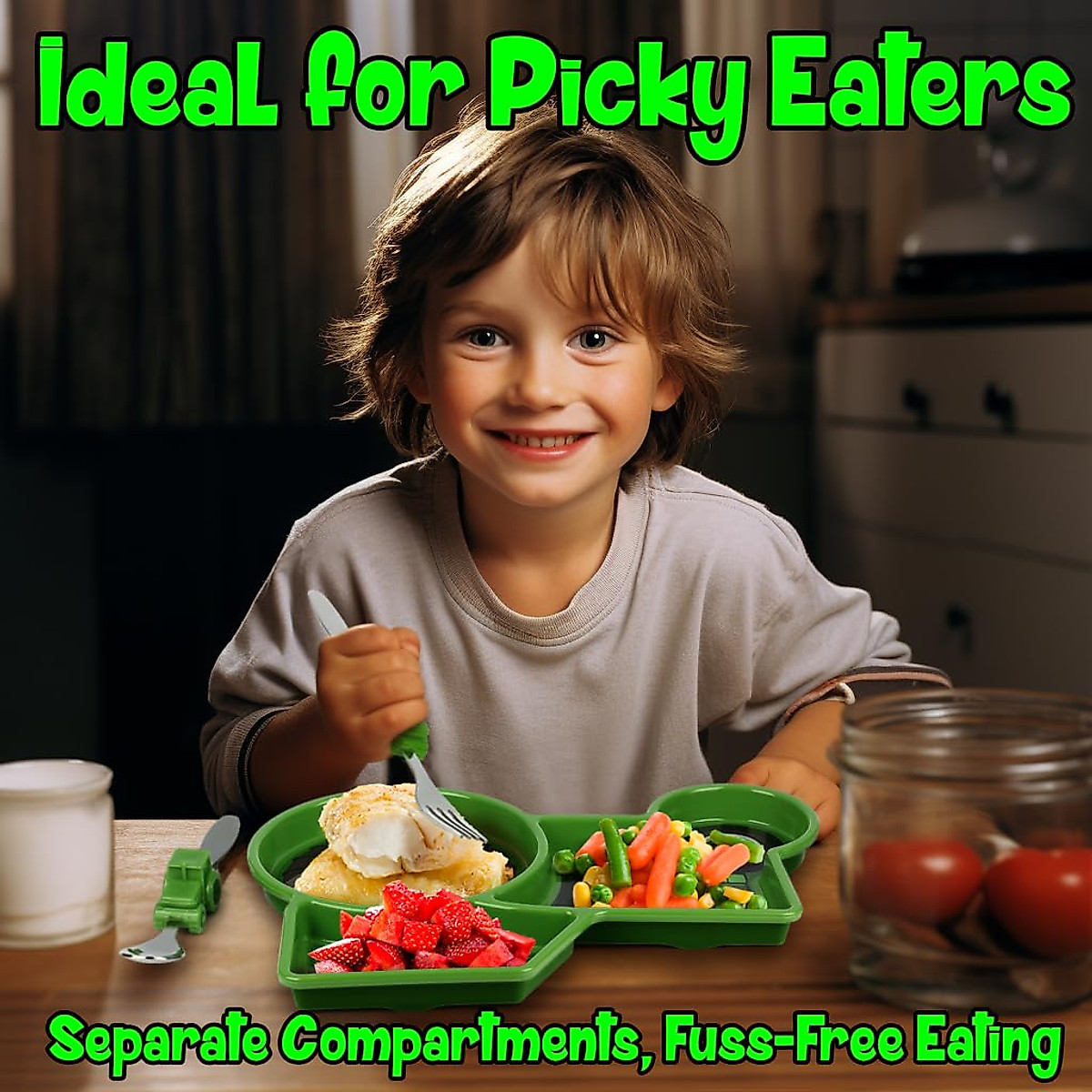 Funwares Green Tractor Engaging Kids' Dinnerware Set: Durable, Divided Plate, Fun Fork and Spoon, Ideal for Picky Eaters, Educational Mealtime, Easy Cleaning, Gift for Toddlers