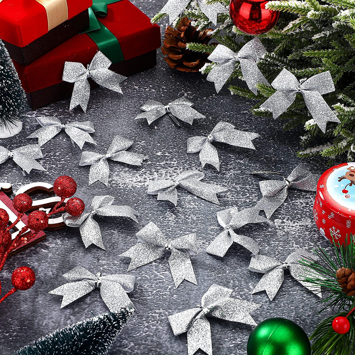 100 Pieces Christmas Mini Bows Glitter Ribbon 2 Inch Twist Tie Bows Pretied Mini Bows Shiny Christmas Bows DIY Polyester Craft Bows for Sewing Appliques Scrapbooking Wedding Gift