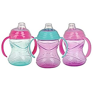 Nuby 3 Piece No-Spill Grip N’ Sip Silicone Cup with Soft Flex Spout, 2 Handle with Clik It Lock Feature, Girl,10 Ounce, Light Pink, Bright Pink, Purple, Aqua Light Pink, Bright Pink, Purple, Aqua