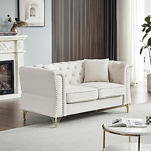 Sybrioka Loveseat Sofa Modern Velvet Couch for Living Room Chesterfield Style with Luxury Gold Metal Legs Button Tufted Nailhead Pillows (Beige, 2 Seater)