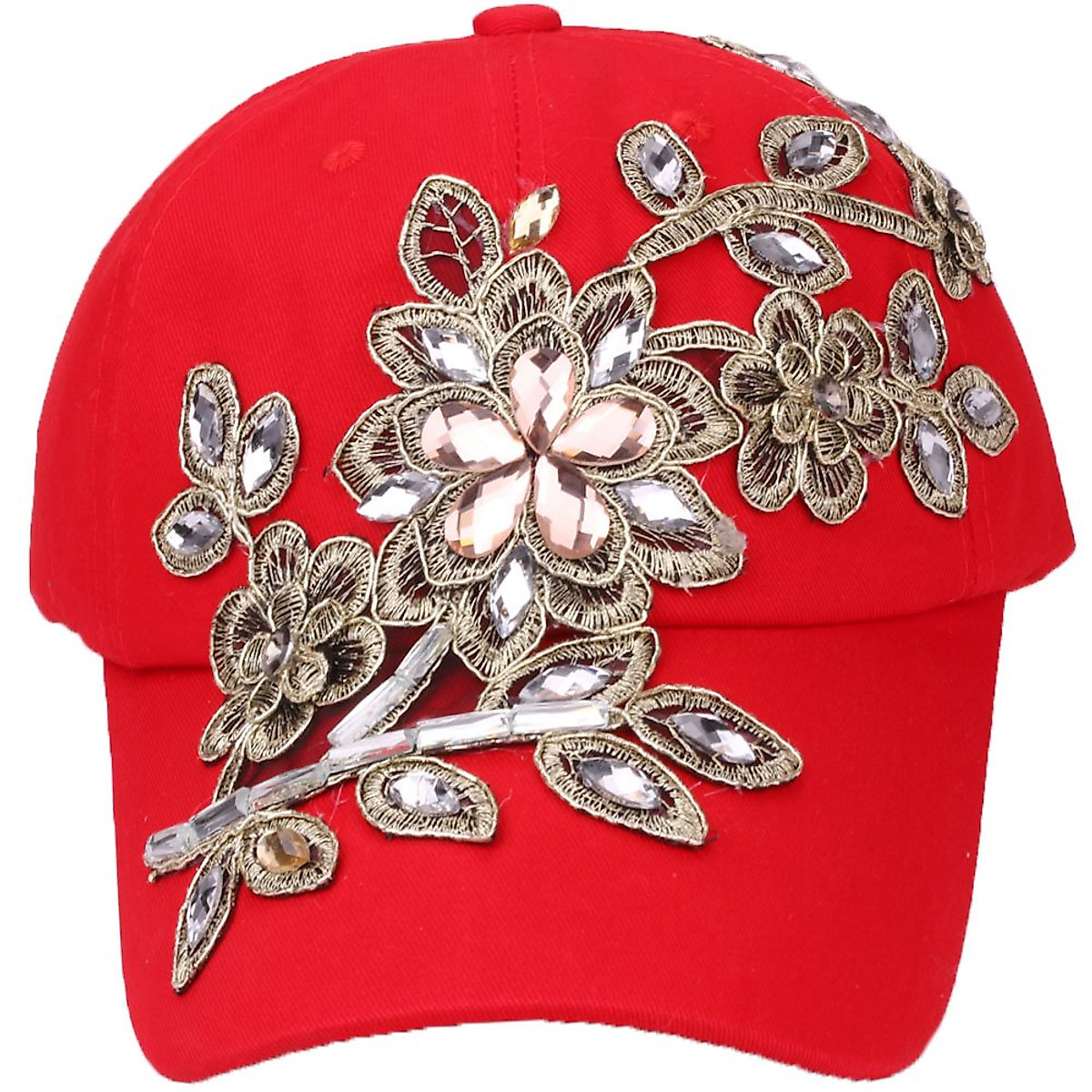 CRUOXIBB Women's Crystal Flower Bling Rhinestone Snapback Cap Baseball Hat(01 Red)