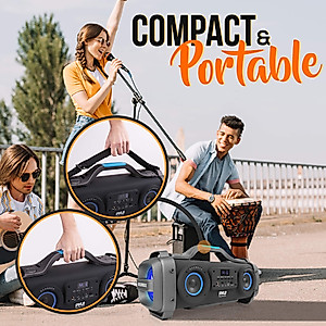 Pyle Wireless Portable Bluetooth Boombox Speaker - 800W Rechargeable Boom Box Speaker Portable Barrel Loud Stereo System with AUX Input, USB, 1/4", Fm Radio, 4" Subwoofer, DJ Lights - PBMSPG148, Black