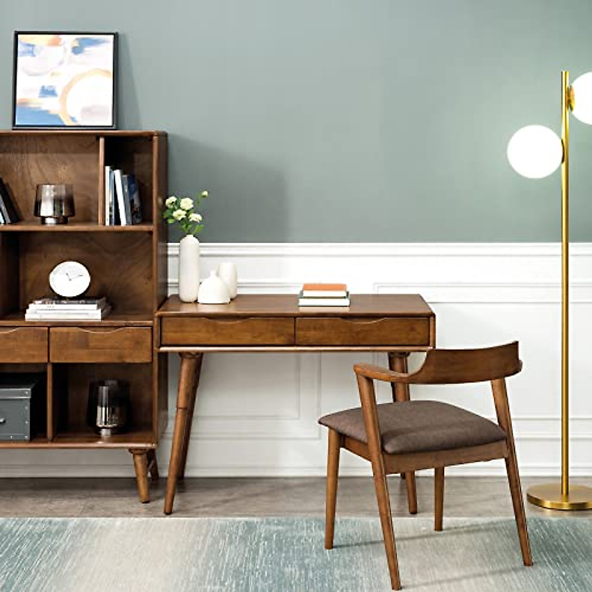 LuuLake Mid Century Modern Desk Writing Desk with Drawers Solid Wood Desk for Home Office Small Study Table Walnut 48x18