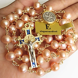 elegantmedical Pink 8mm Real Pearl BEADS St. Benedict GOLD ROSARY CROSS Necklace & box Catholic GIFTS