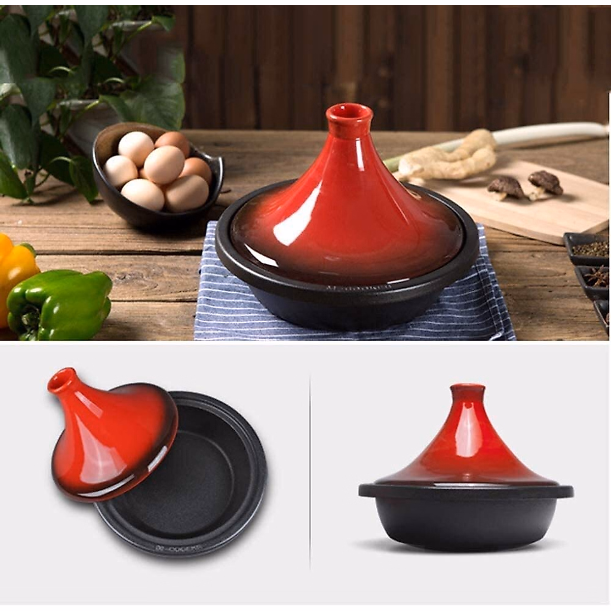 Casserole Dish with Lid Soup Pot Enameled Cast Iron Tangine with Ceramic Lid, Tagine Cooking Pot with Lid for Different Cooking Styles and Temperature Settings, Colorful (Color : Red)