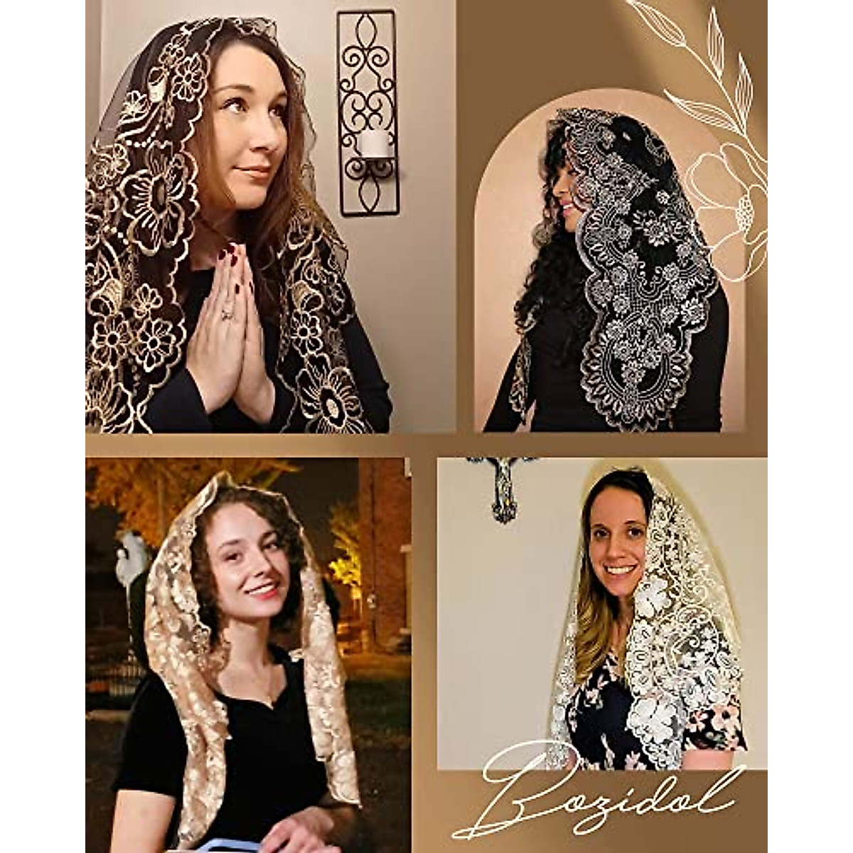 Bozidol Spanish Style Catholic Mass Mantillas Veil for Prayer Floral Orthodox Head Coverings Shawl Chapel Veils (Champagne)