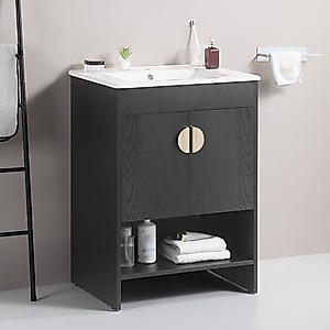 QuixotYDDZ 24 Inch Modern Freestanding Solid Wood Bathroom Cabinet, Bathroom Vanity with Ceramic Sink Combo, Bath Cabinet with 2 Doors and Open Shelf for Small Space, Solid Wood, Black