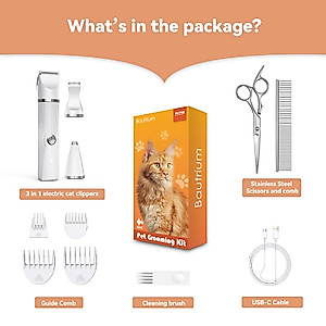 Cat Grooming Clippers Kit for Matted Hair, Bautrium 3 in 1 Electric Pet Hair Trimmer for Thick Hair, Heavy Coat Butt Shaver Cordless Cat Razor Claw Fur Trimmer for Dogs and Other Small Animals at Home