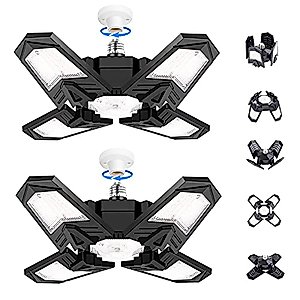 VSATEN 2 Pack LED Garage Lights 80W, Deformable Garage Lights Ceiling LED with 4+1 LED Panels, 8000LM E26/E27 Base LED Shop Light for Garage Workshop Warehouse Barn, Ultra Bright Workshop Light