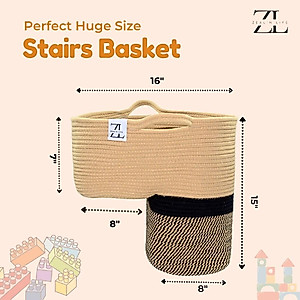 Rope Stair Basket for Carpeted and Wooden Stairs - Rope Basket with Handles - Cotton Rope Storage Basket - Collapsible Basket for Stairs With Felt Sheet Internal Support (Large, Cotton Rope Brown)