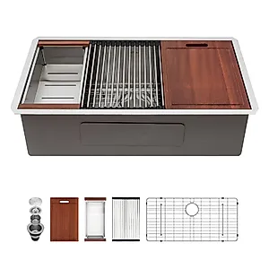 Sarlai 36 Inch Undermount Kitchen Sink Workstation Single Bowl 16 Gauge Stainless Steel Under Counter Kitchen Sinks Large Basin with Round Corners 36x19x10 In