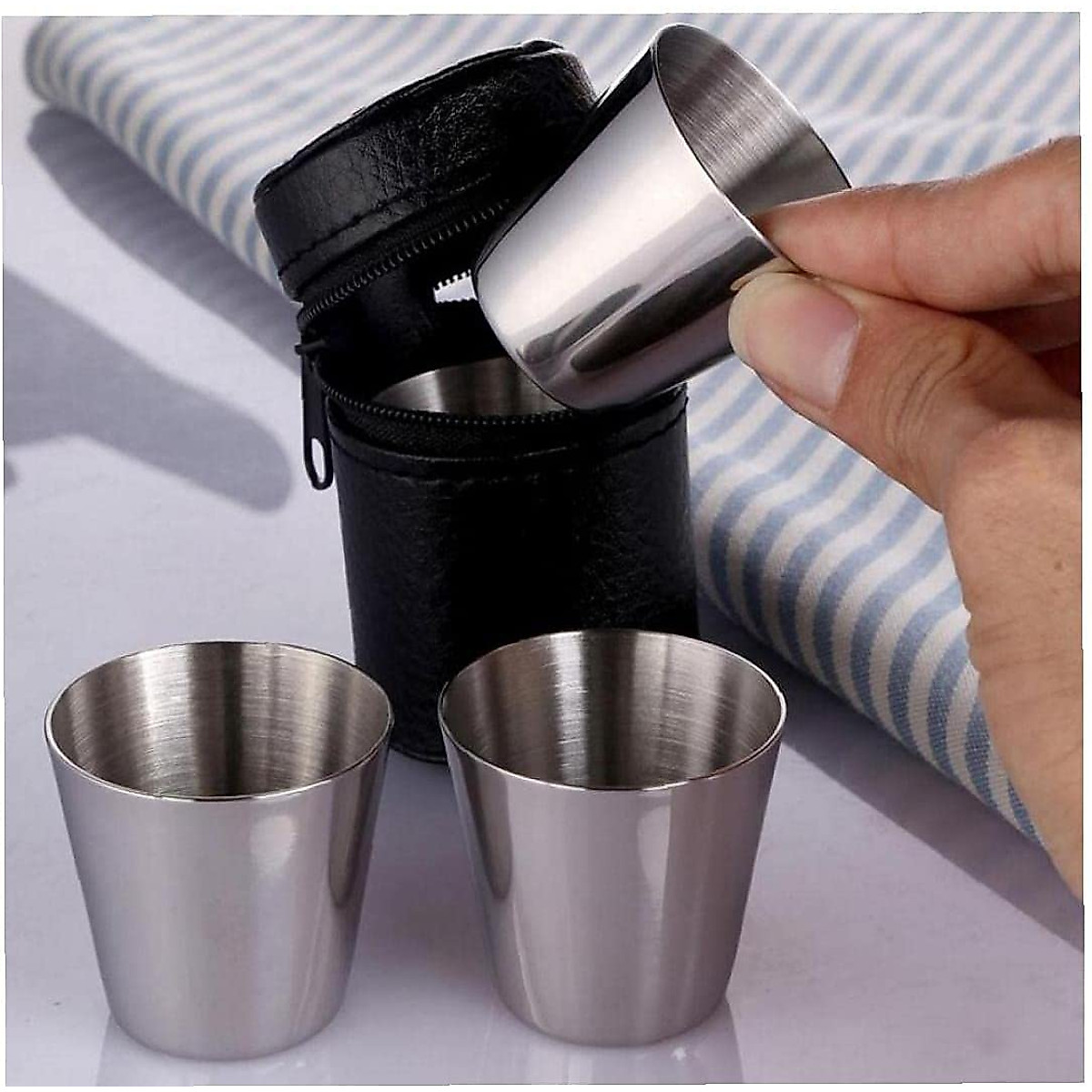 Stainless Steel Shot Cups Shot Glass Drinking Metal Shooters Leather Cup Holder For Whiskey Tequila Liquor Great Barware Gift 4Pcs/Set Durable processing
