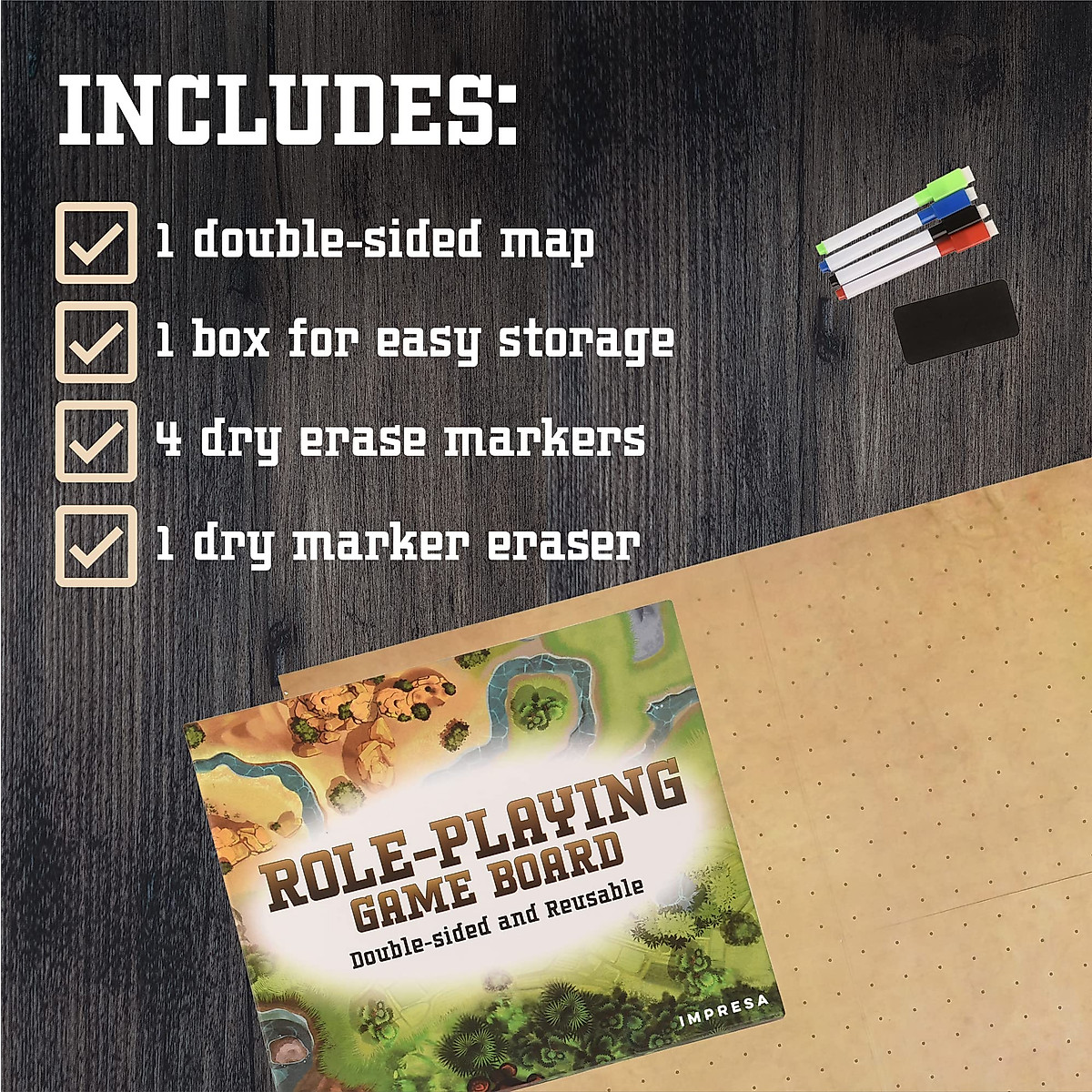 IMPRESA 27" x 23" Double Sided and Foldable Role Player Game Battle Grid Game Mat - for Dungeons and Dragons and Other RPGs - Double Sided - Includes Markers and Eraser