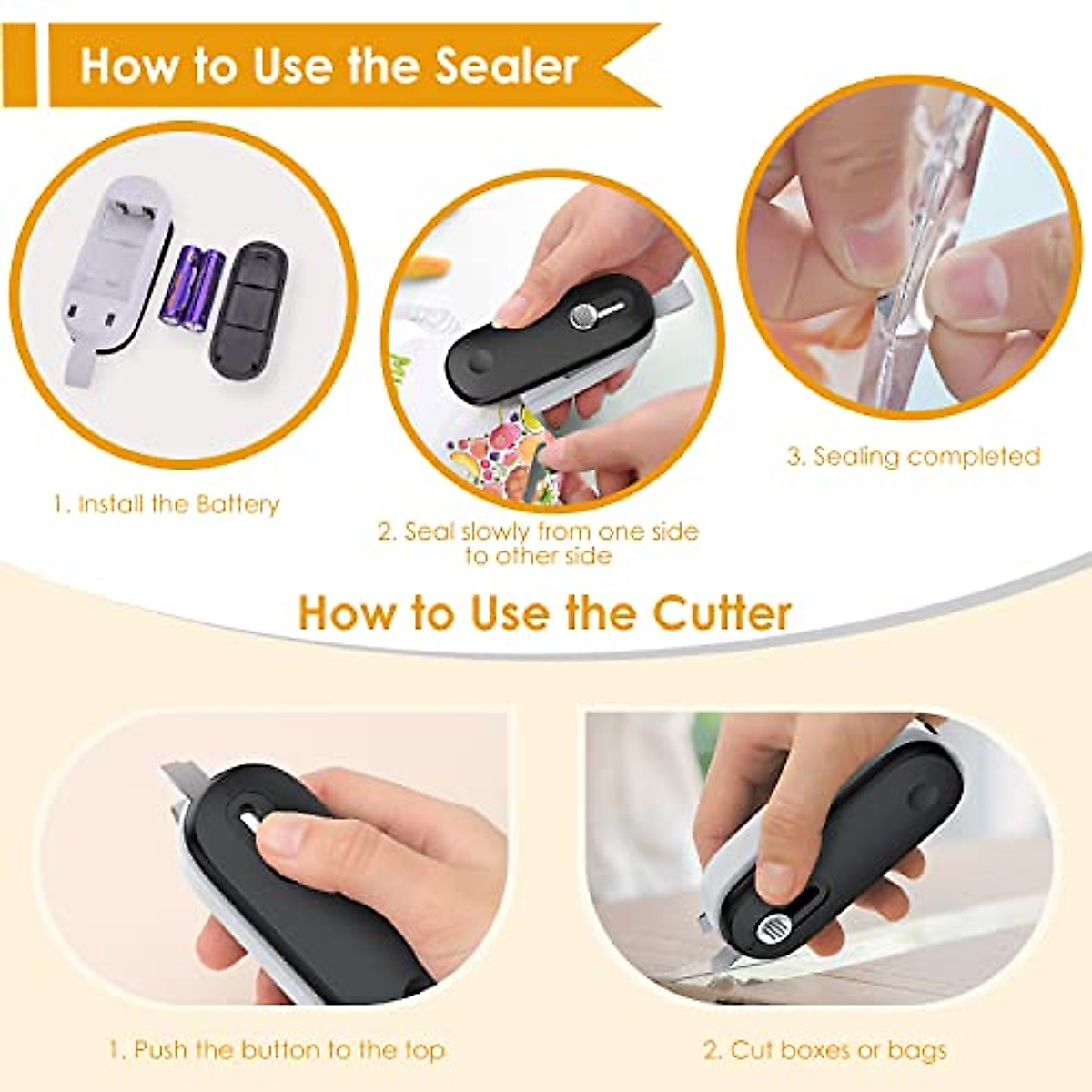 FEPPO Mini Bag Sealer, 2 in 1 Heat Sealer with Cutter, Chip Bag Sealer Heat Seal with Cutter Portable Resealer Machine for Plastic Bags Food Storage Snacks (Batteries Included)