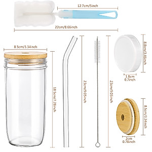 RENYIH 4 Pack 24oz Glass Cups with Bamboo Lids & Glass Boba Straws & 2 Airtight Lids - Reusable Glass Boba Cup, Iced Coffee Glasses,Travel Glass Tumbler for Milkshakes,Juice