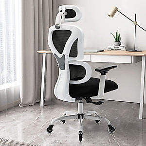 KERDOM Ergonomic Office Chair, Home Desk Chair, Comfy Breathable Mesh Task High Back Thick Cushion Computer Chair with Headrest and 3D Armrests, Adjustable Height Home Gaming Chair (F-White)