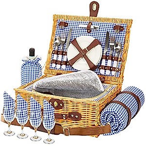 Greenstell Wicker Picnic Basket Sets for 4 Persons with High Sealing Insulation Layer,Waterproof Picnic Mat, Removable Strap and Wine Bag, Tableware, Picnic Basket for Family,Party,Outdoor,Camping