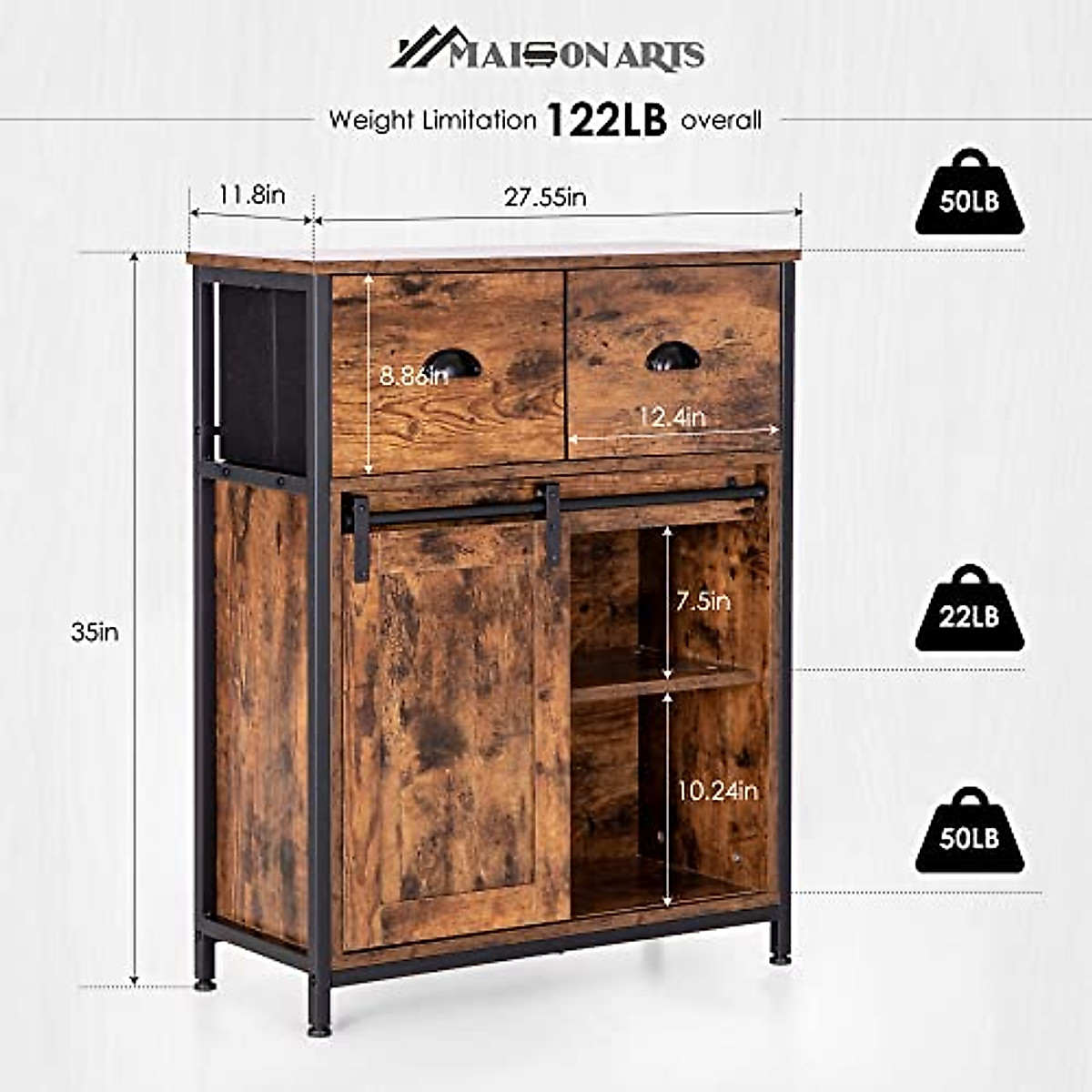 MAISON ARTS Industrial Coffee Bar Cabinet - Sideboard Buffet with 2 Drawers&Sliding Barn Door, Storage Cabinet for Kitchen Dining Room Living Room