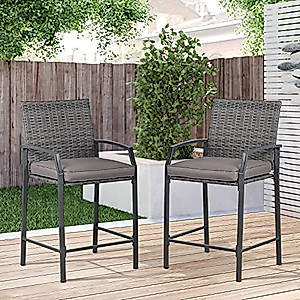 JOIVI Outdoor Wicker Bar Stools Set of 2, Patio Rattan Counter Height Chairs with Cushions, Armrest and Footrest for Indoor, Garden, Poolside, Lawn, Backyard