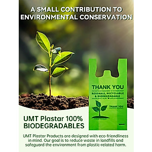 UMT Plastar 500 Count Recyclable Compostable 100% Biodegradable T-Shirt Bags, Eco-Friendly Grocery Shopping Bags, 11.5" x 6.25" x 21", 16 Mic