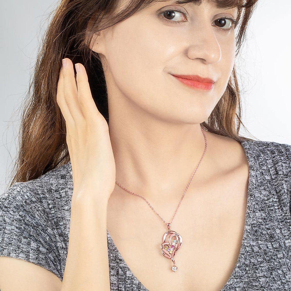 AILIN Custom Mothers Necklace With 1-8 Children Birthstones 925 Sterling Silver Heart Personalized Engraved Name Mom Pedant Necklace Family Jewelry Gifts For Women Mama Grandma Daughter