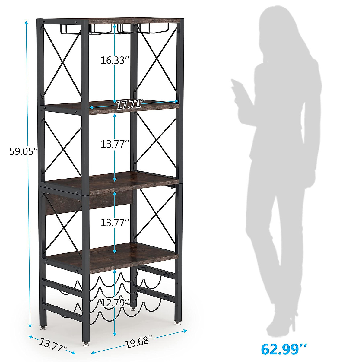 Tribesigns Wine Bakers Rack, 4-Tier Industrial Wine Rack freestanding Floor with Glass Holder and Wine Storage, Wine Bar Cabinet with Storage for Home Kitchen Dining Room, Rustic Brown