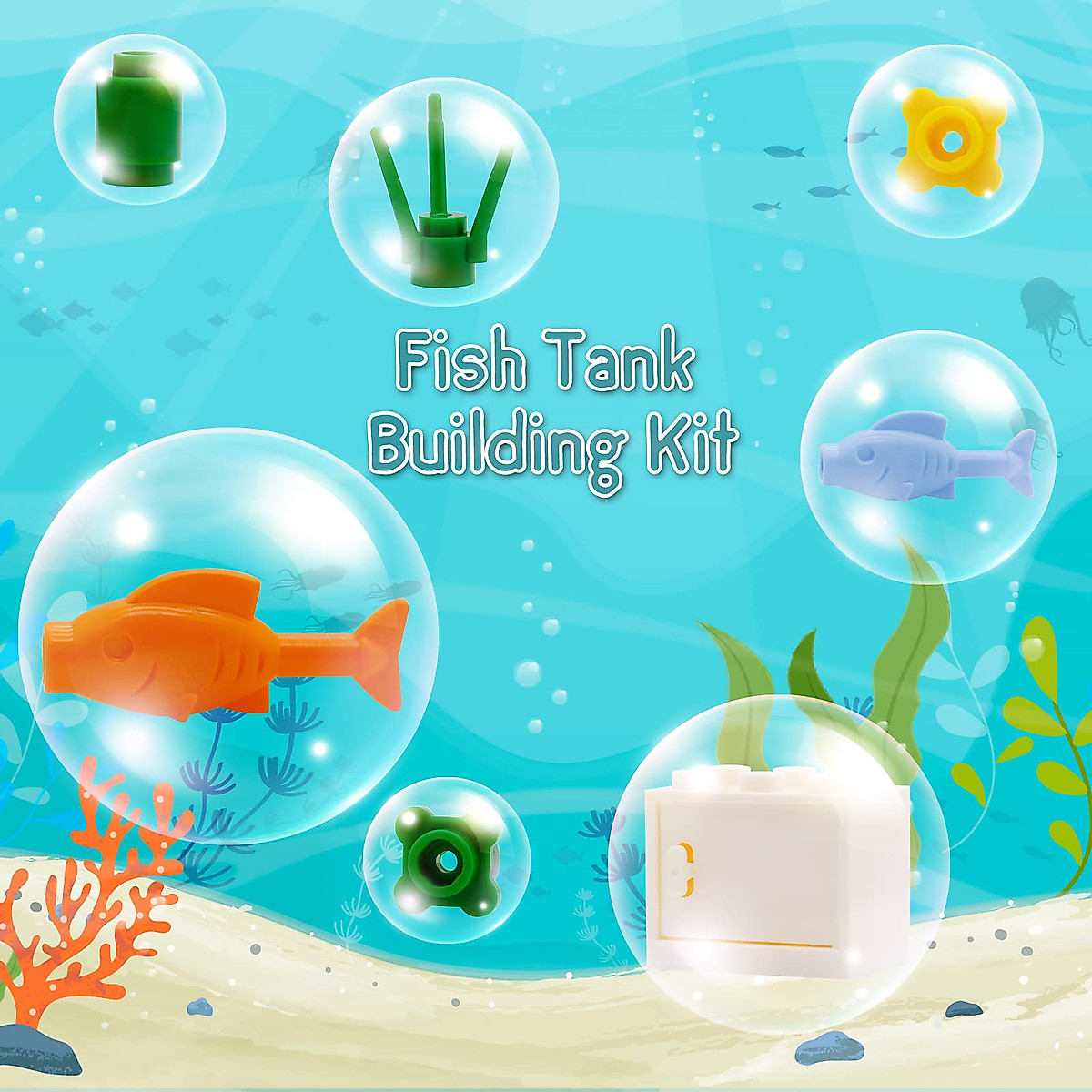 Fish Tank Building Kit, Junior Ideas Building Sets for Child, Toy Fish Tank Building Blocks Model, Creatvie MOC for Boys & Girls 6 7 8 9 10 11 12 Years Old (Small Fish Tanks)