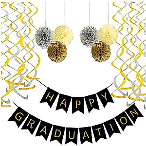 Graduation Party Decorations 2022, Happy Graduation Banner with 6 Pom Poms 2 Gold 2 Yellow 2 Sliver, 6 Swirls 3 Gold 3 Sliver, Graduation Decorations, Graduation Party Supplies 2022
