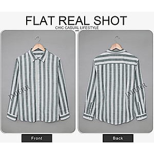 JMIERR Men's Old Money Aesthetic Cotton Linen Shirts Casual Stylish Long Sleeve Button-Up Vertical Striped Dress Shirts Summer Beach Shirt for Men, XL, Grey Green and White Stripe