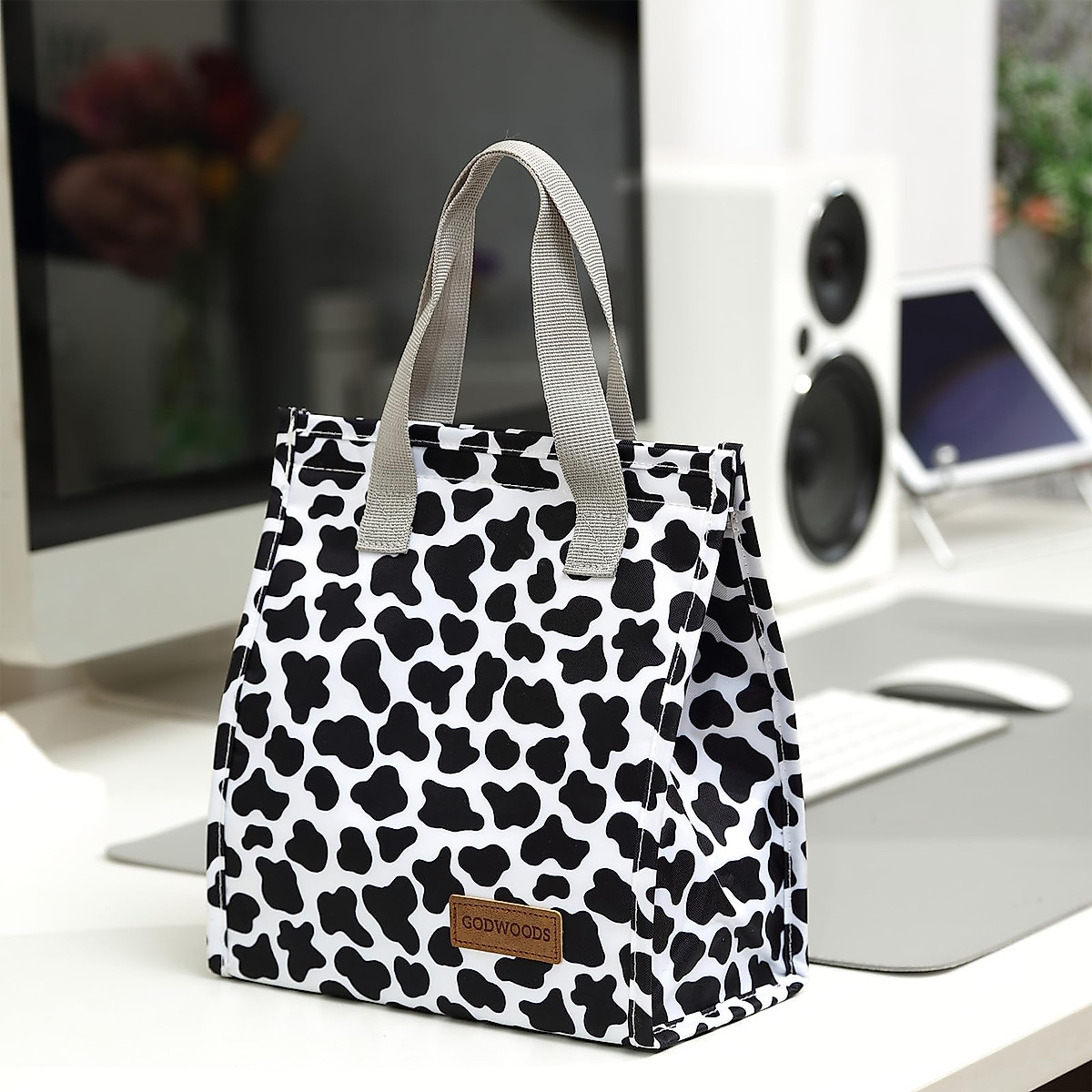 GODWOODS Insulated Lunch Bag for Women Men Large Lunch Box Container Reusable Leakproof Tote for Office, Work, Beach or Travel (Cow Print Lunch Bag)