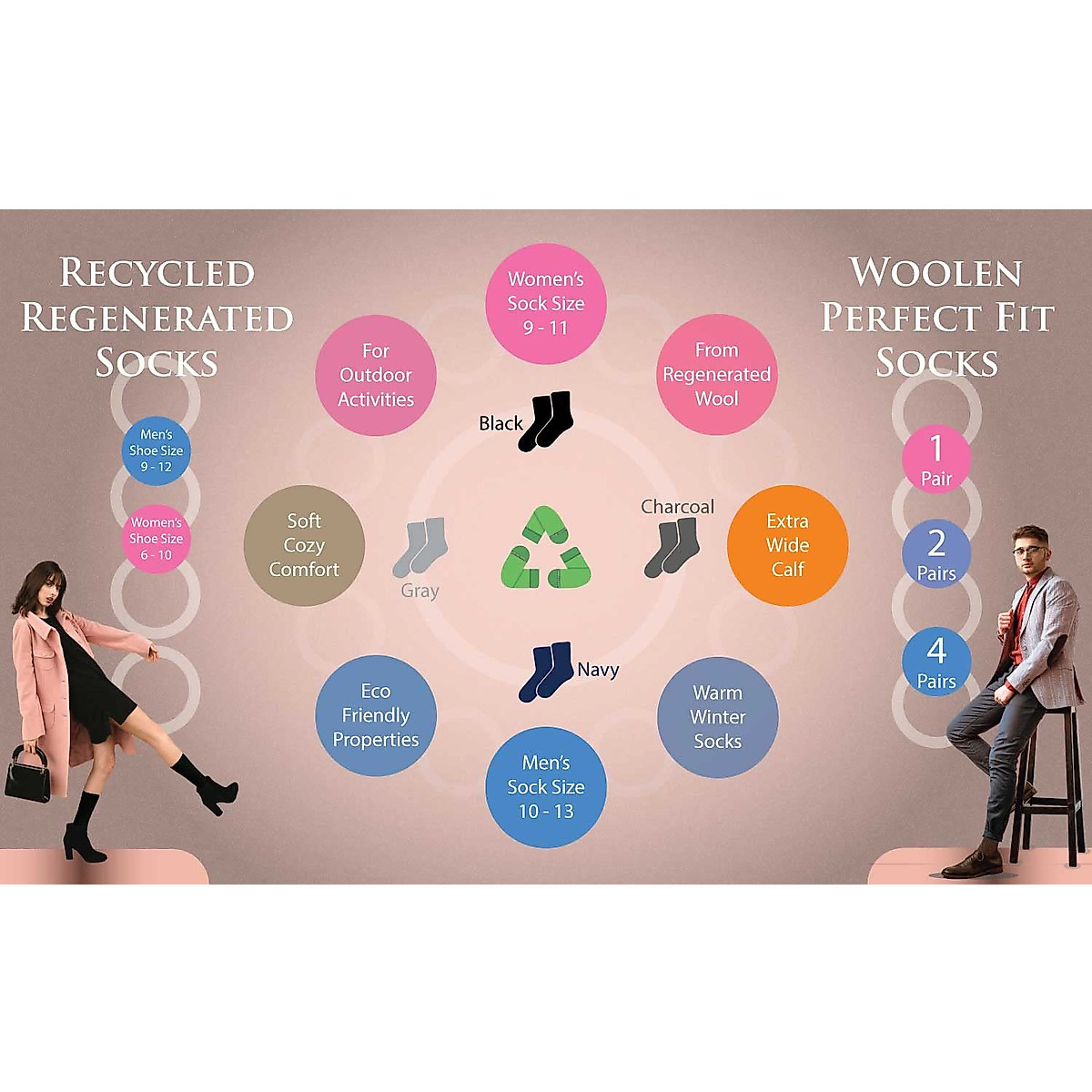 Sierra Socks Women's Thick Hiking Warm Wool Crew Socks (Black/Charcoal, Large)