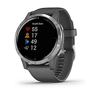 Garmin 010-02174-01 vivoactive 4, GPS Smartwatch, Features Music, Body Energy Monitoring, Animated Workouts, Pulse Ox Sensors and More, Silver with Gray Band