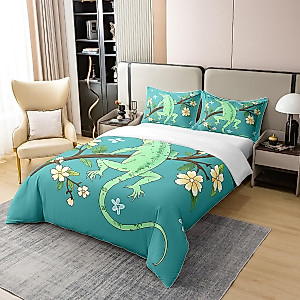 Erosebridal 100% Cotton Kids Funny Lizard Full Duvet Cover for Adult Teens,Teal Blue Chameleon Comforter Cover,Spring Floral Branch Bedding Set,Cartoon Cute Safari Animal Bed Set with 2 Pillowcases