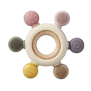 PandaEar Baby Teething Toys - Silicone Rudder Toy with Wooden Rings for Soothing Teething Pain Relief - Shower Gift for lnfants & Toddlers 3+ Months (Pink)
