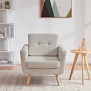 Tbfit Linen Fabric Accent Chairs Set of 2, Mid Century Modern Armchair for Living Room, Bedroom Button Tufted Upholstered Comfy Reading Accent Chair Sofa(Light Beige)