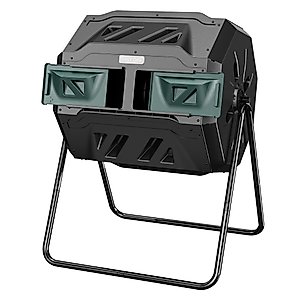EAST OAK Compost Tumbler Outdoor, 43-Gal Dual Chamber Compost Bin with 2 Sliding Door and Aeration System, Tumbling Rotating Composter Bin for Kitchen, Garden, Yard